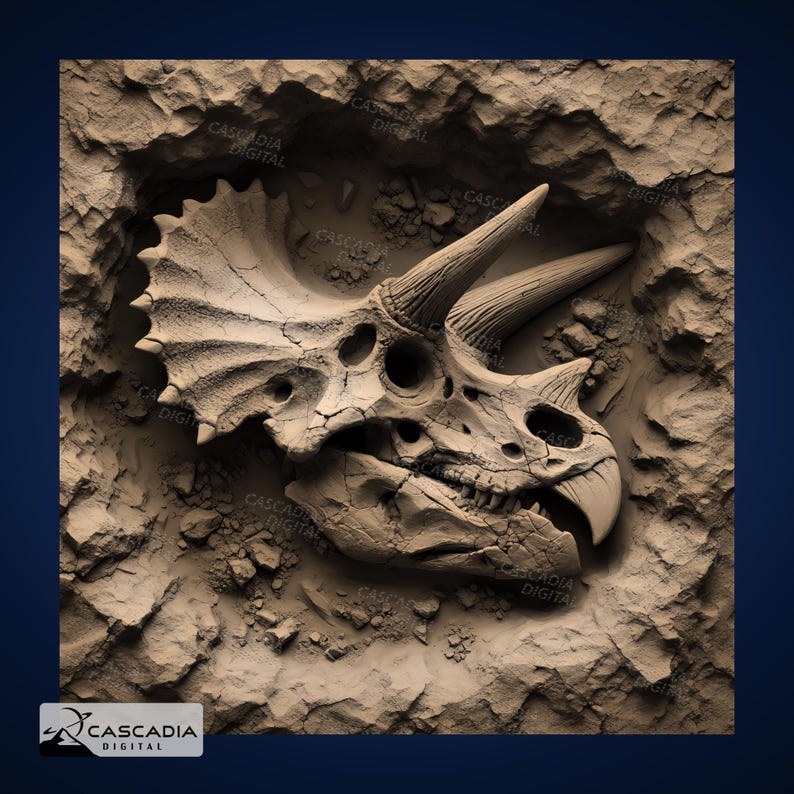 Triceratops Fossil Skull in Rock - Laser PNG and Depth Map for ...