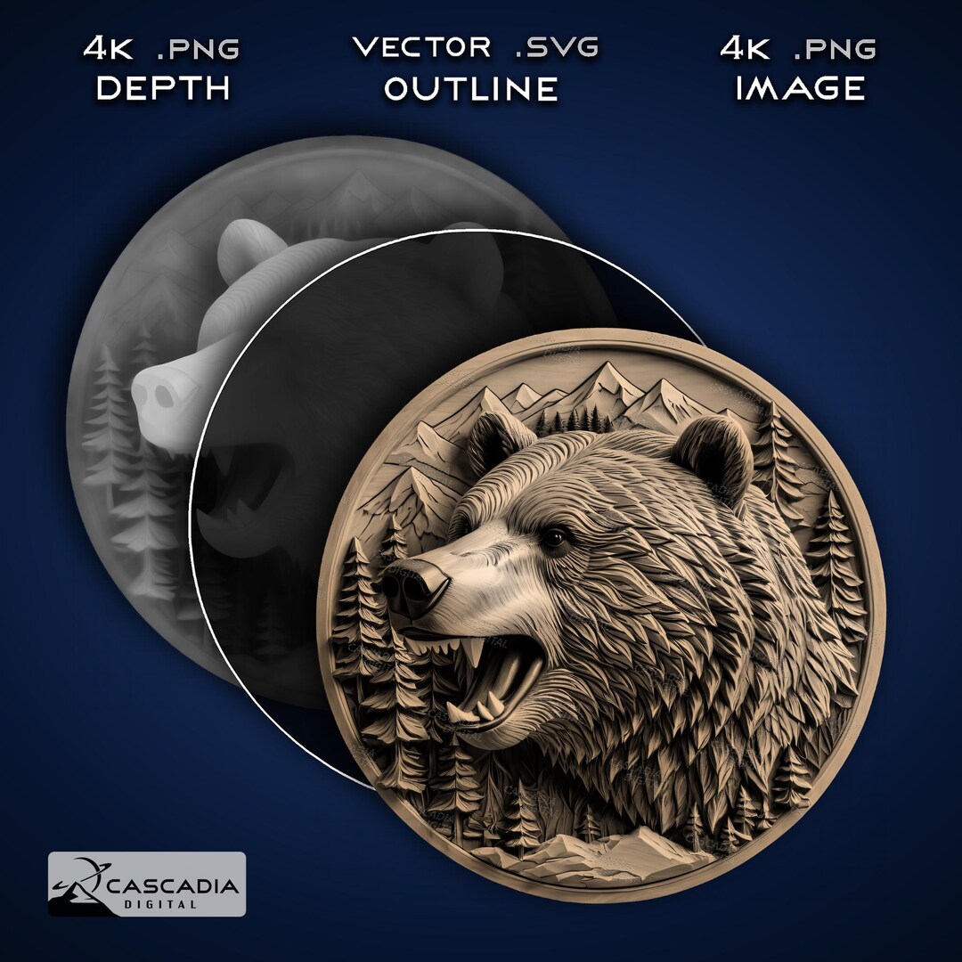 Grizzly Bear Head Round - Laser PNG, Depth Map, and SVG for Glowforge ...