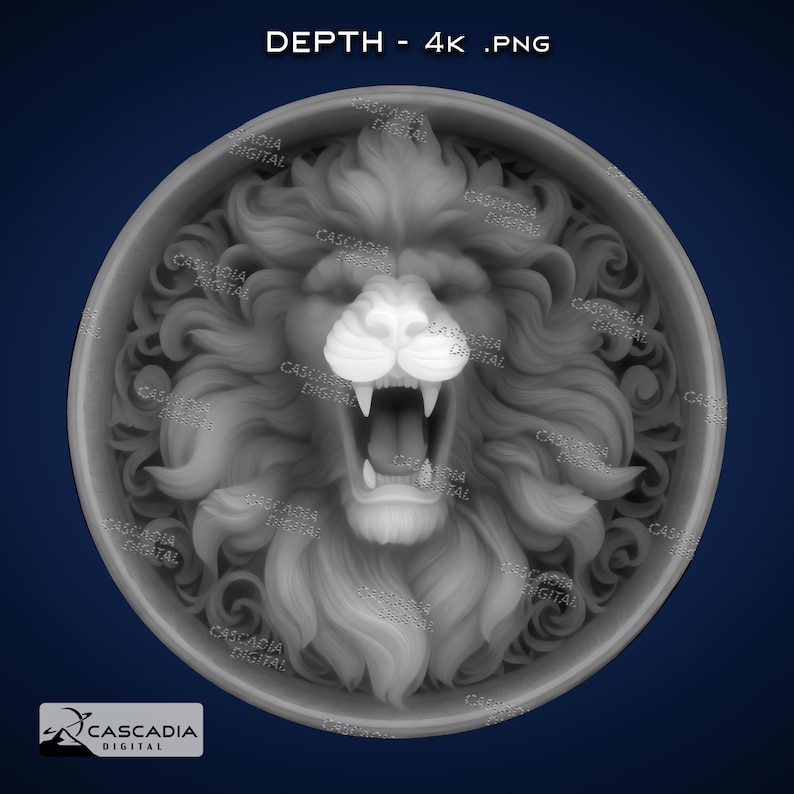 Lion Head Round - Laser Engrave 4K PNG Image, Depth Map, Exact-outline ...