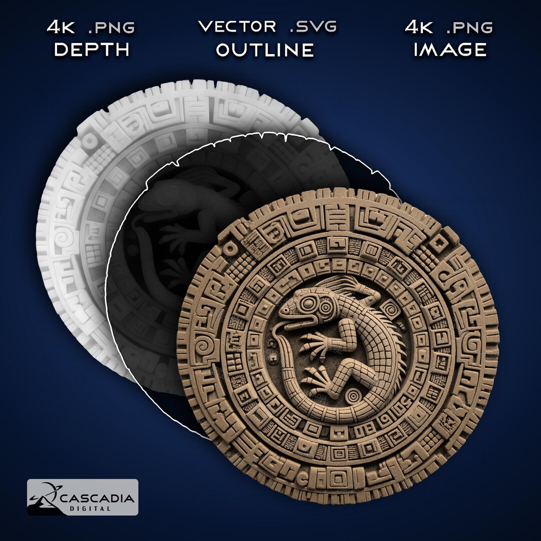 Lizard Aztec Round - Laser Engrave 4K PNG Image, Depth Map, Exact ...