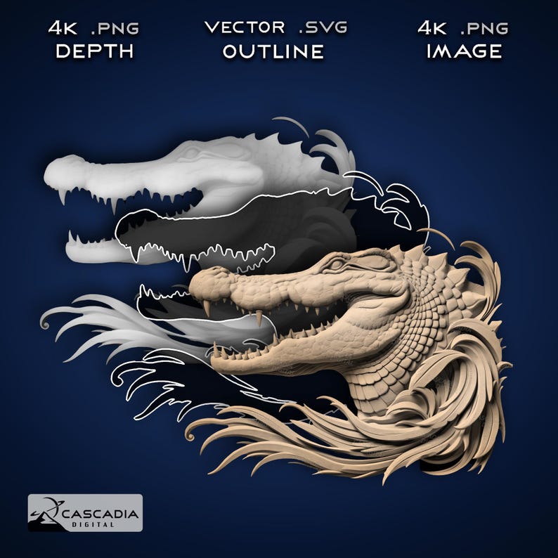 Gator Head - Laser Engrave 4K PNG Image, Depth Map, Exact-outline Cut ...