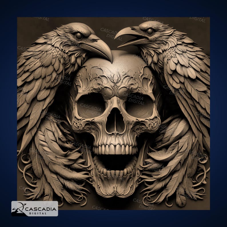Skull and Ravens Laser Engrave 4K PNG Image, Depth Map, Wood Slate 3D ...