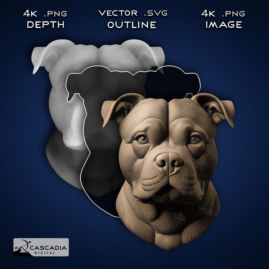 Amstaff Pitbull Head Laser 4K PNG Image, 3D Depth Map, SVG Outline ...