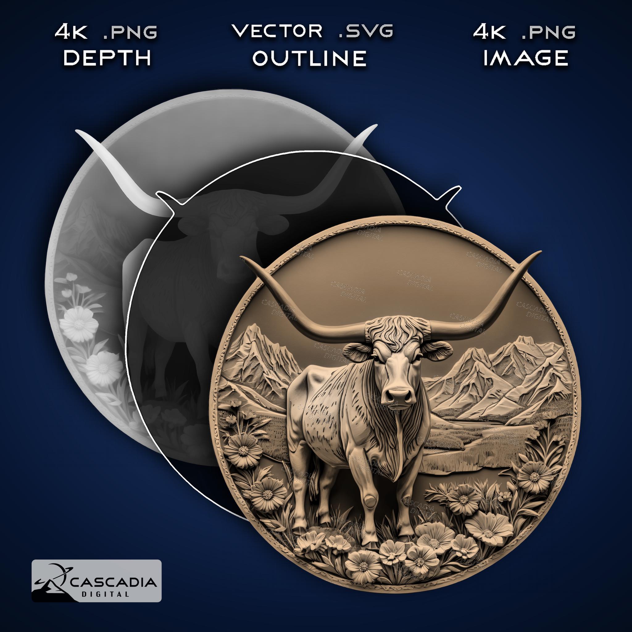 Longhorn Steer Round - Laser Engrave 4K PNG Image, Depth Map, Exact ...