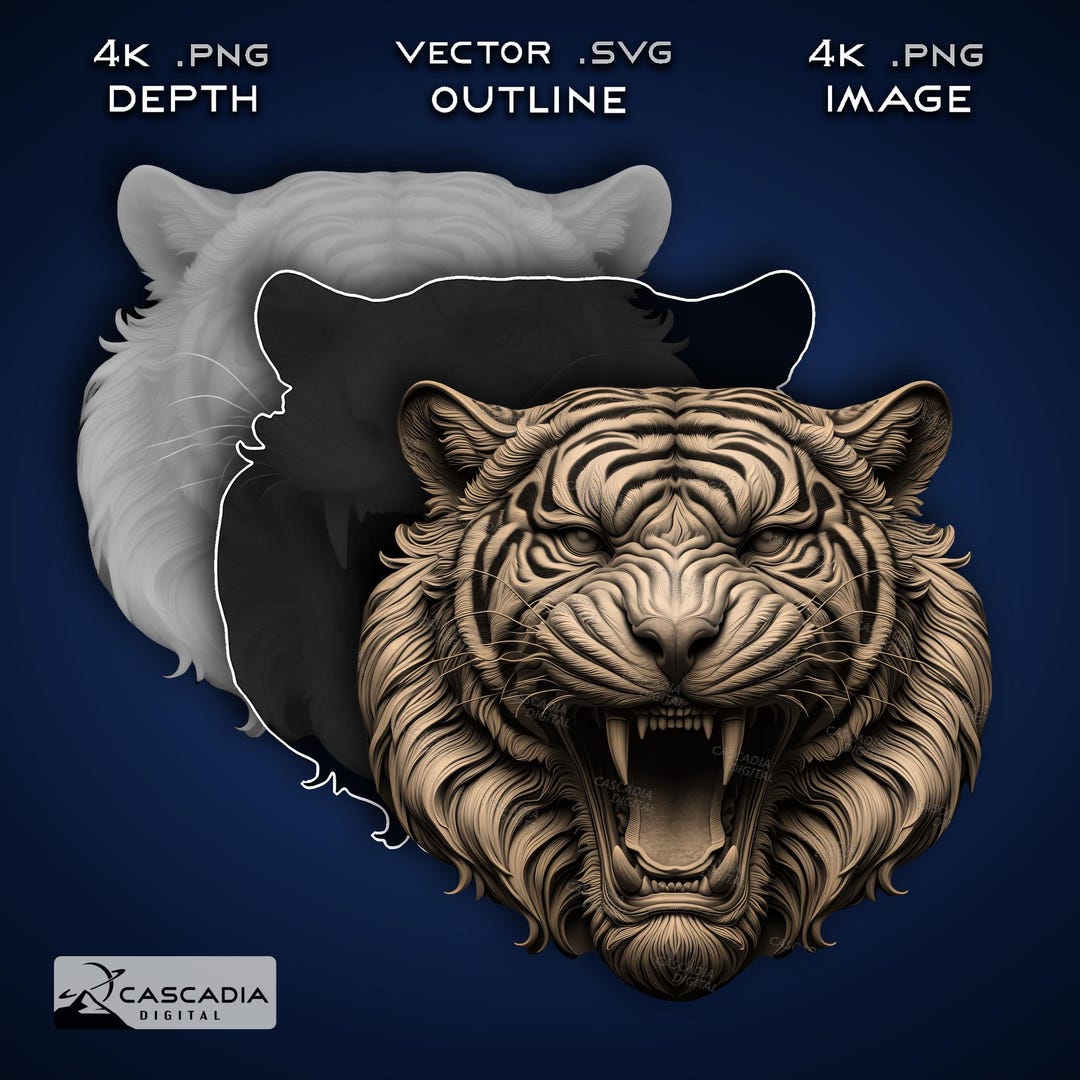 Tiger Head - Laser Engrave 4K PNG Image, Depth Map, Exact-outline Cut ...