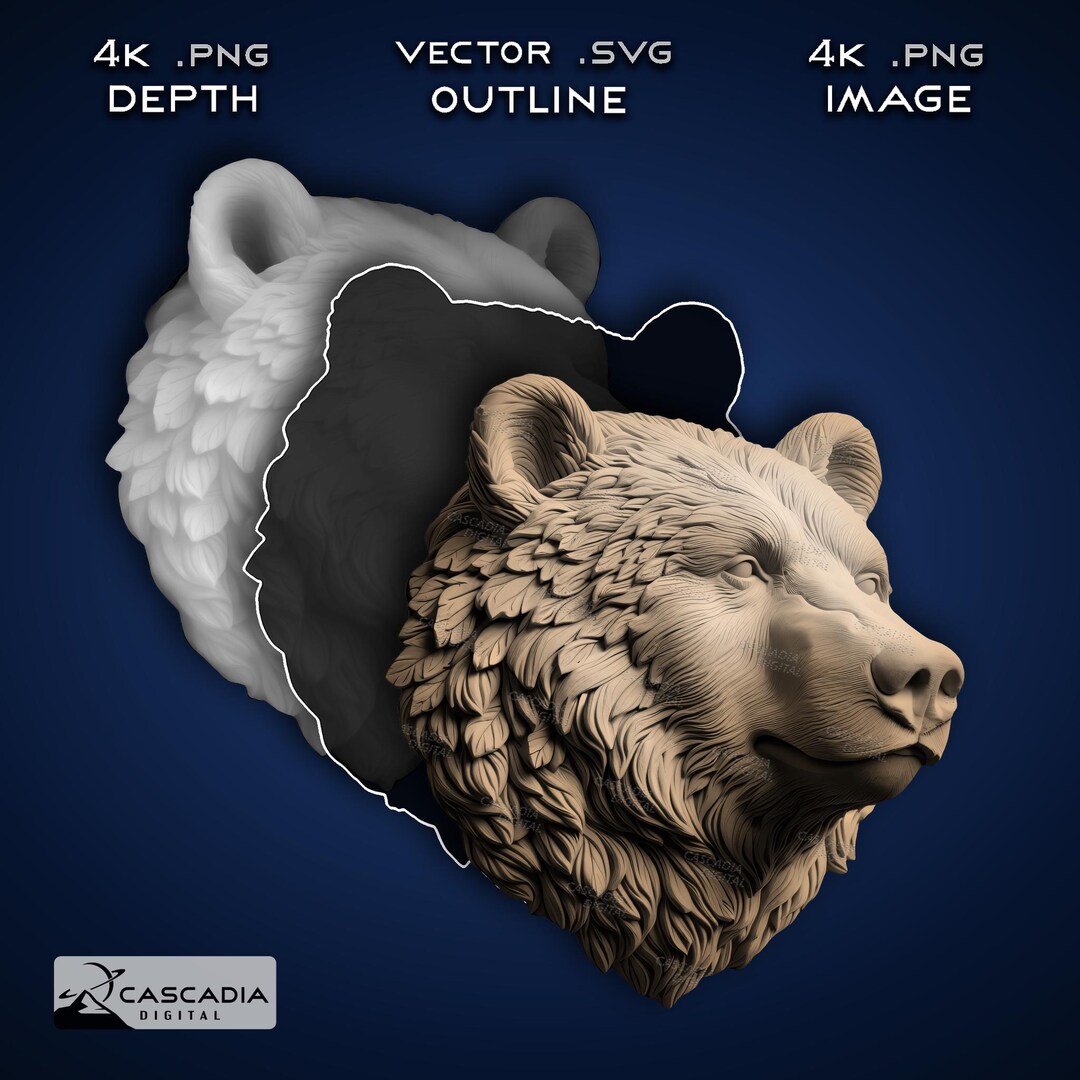 Bear Head - Laser Engrave 4K PNG Image, Depth Map, Exact-outline Cut ...