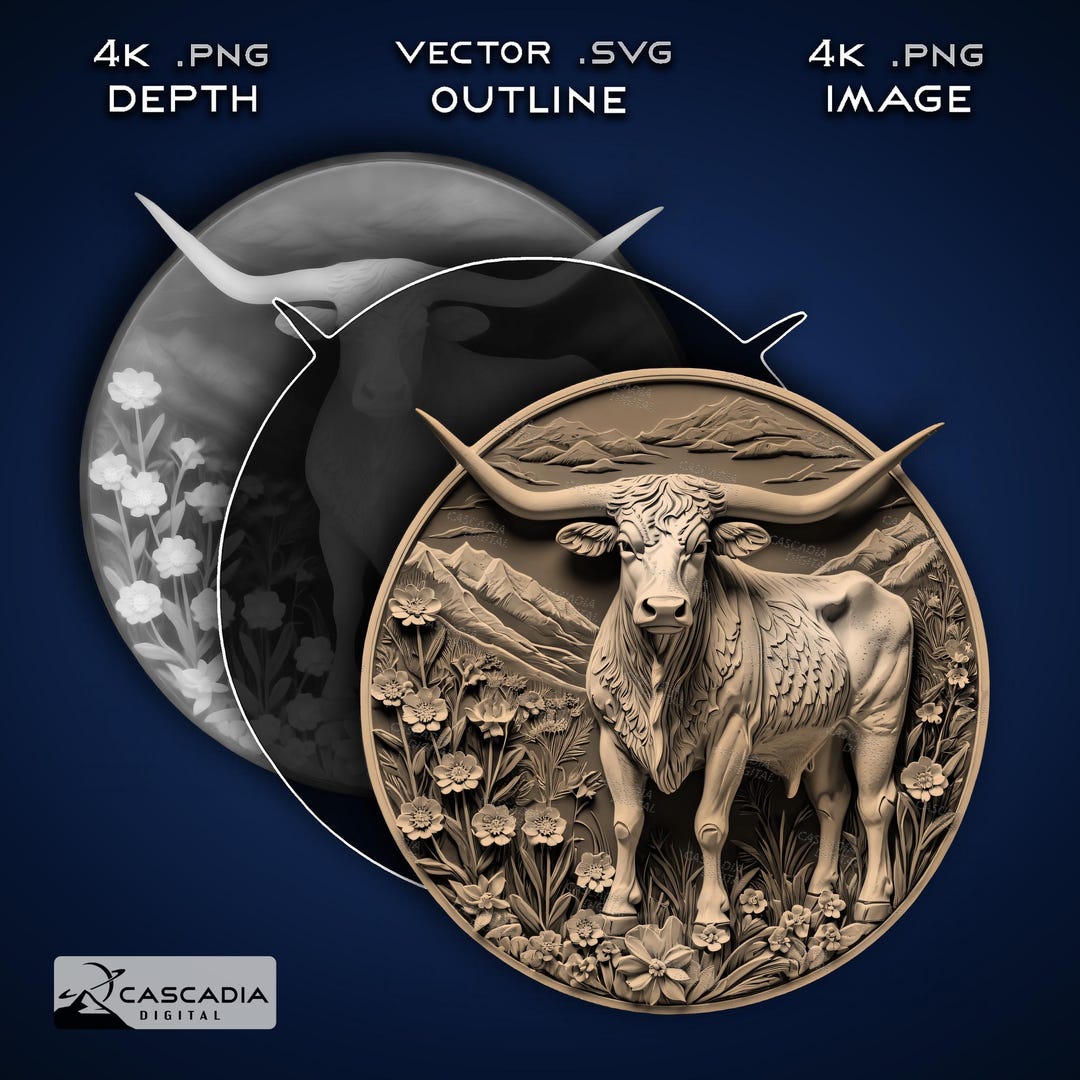 Longhorn Steer Round - Laser Engrave 4K PNG Image, Depth Map, Exact ...