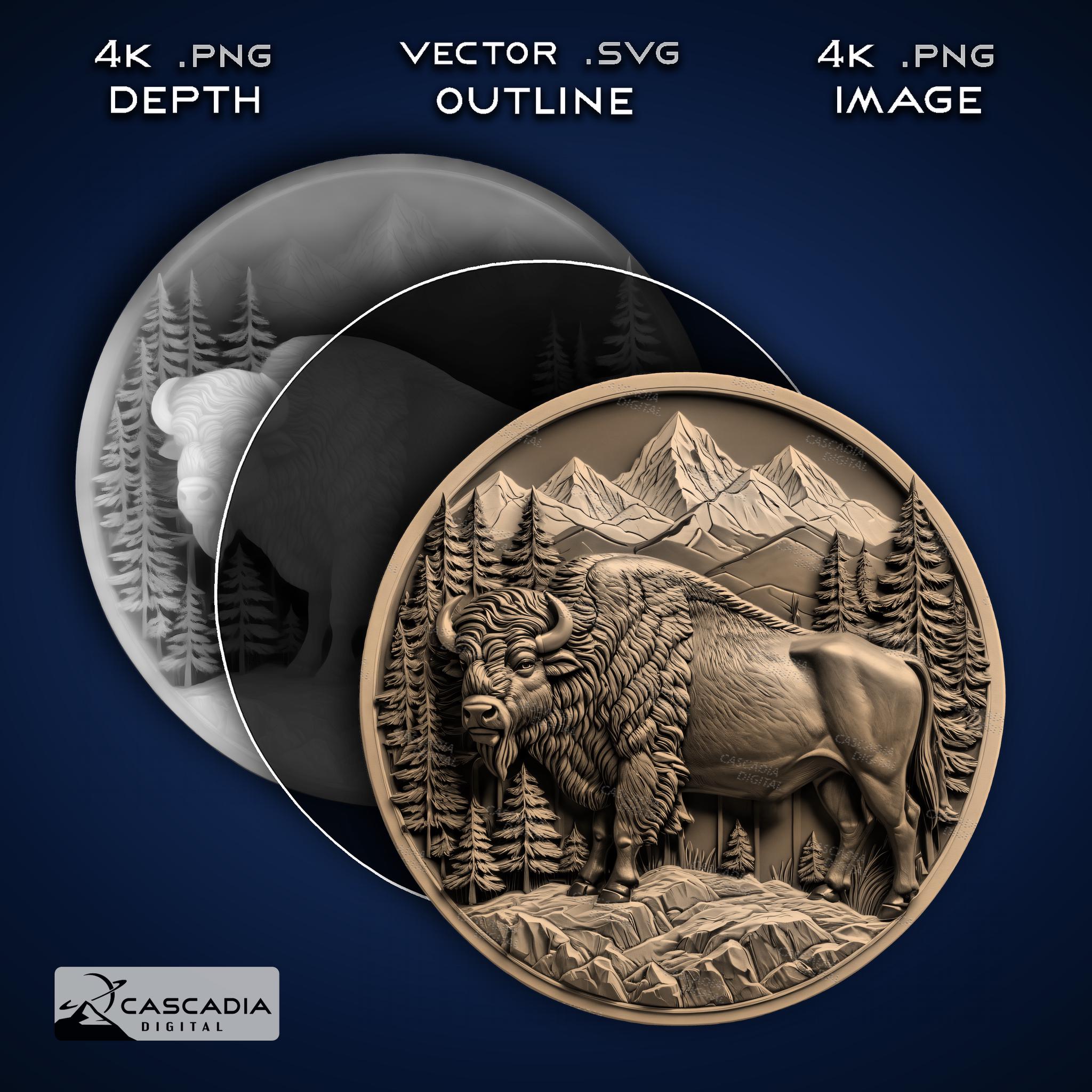 Bison Round - Laser Engrave 4K PNG Image, Depth Map, Exact-outline Cut ...