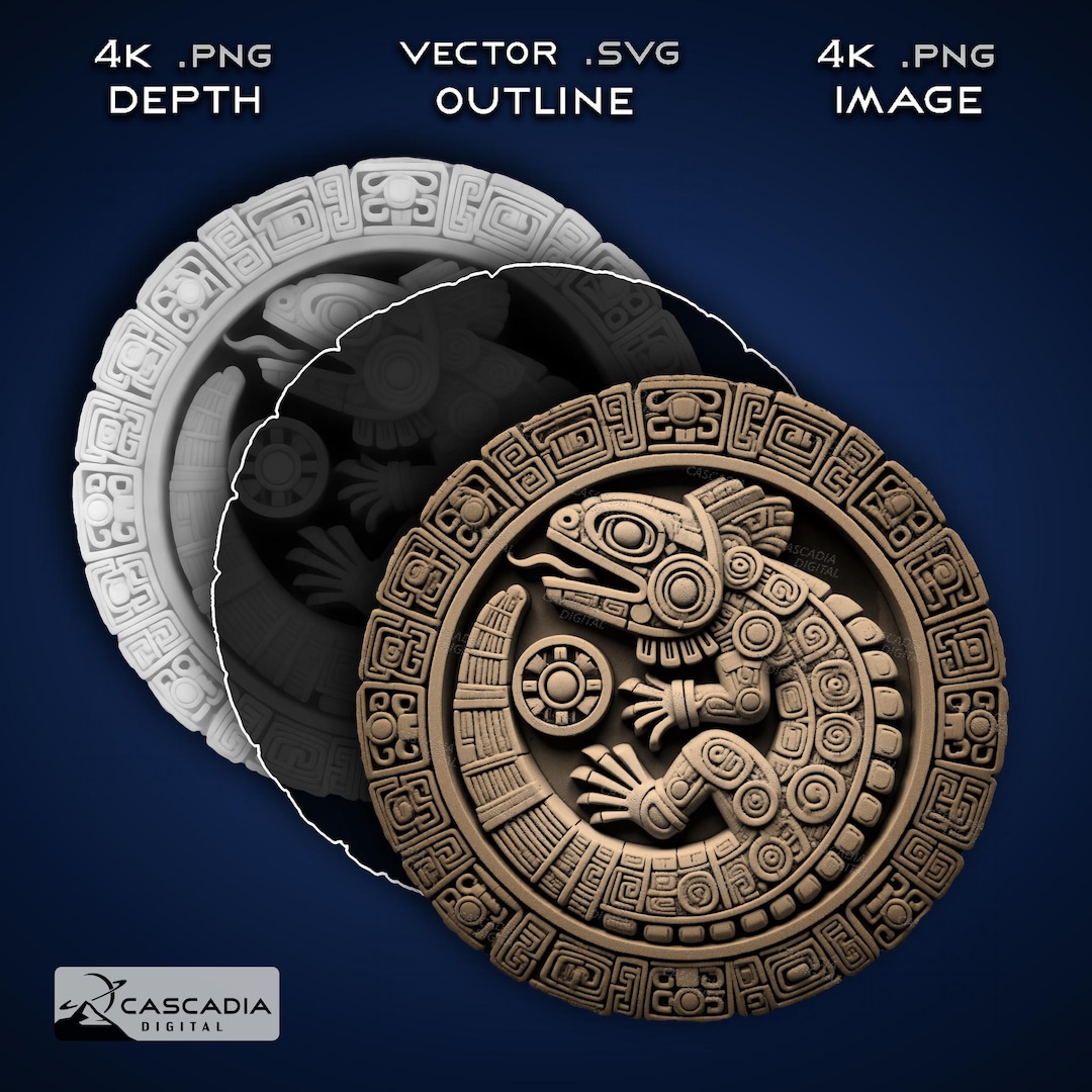 Lizard Round Aztec - Laser Engrave 4K PNG Image, Depth Map, Exact ...