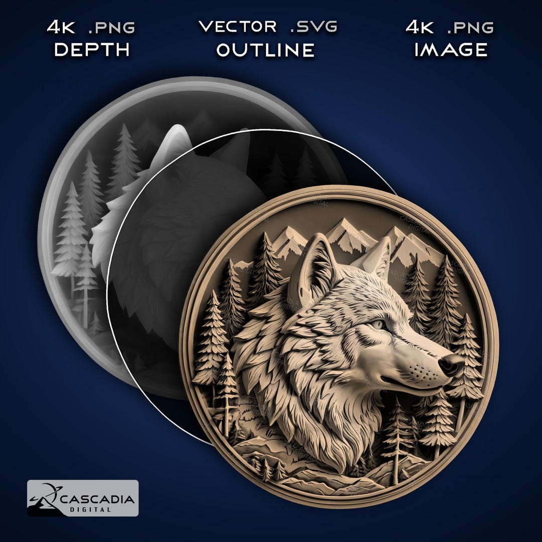 Wolf Head Round - Laser Engrave 4K PNG Image, Depth Map, Exact-outline ...