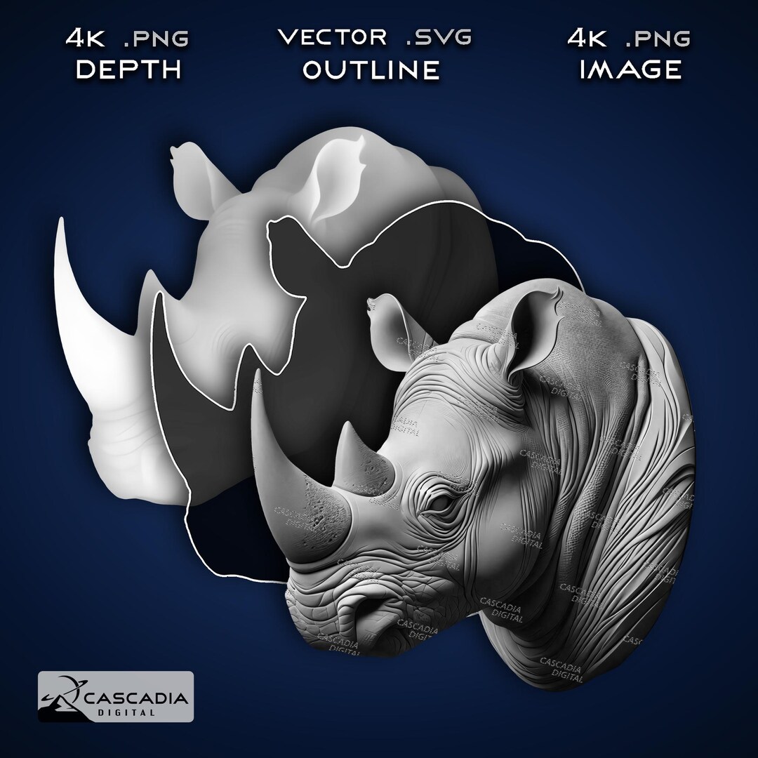 Rhino Head Laser 4K PNG Image, 3D Depth Map, SVG Outline Vector Path ...