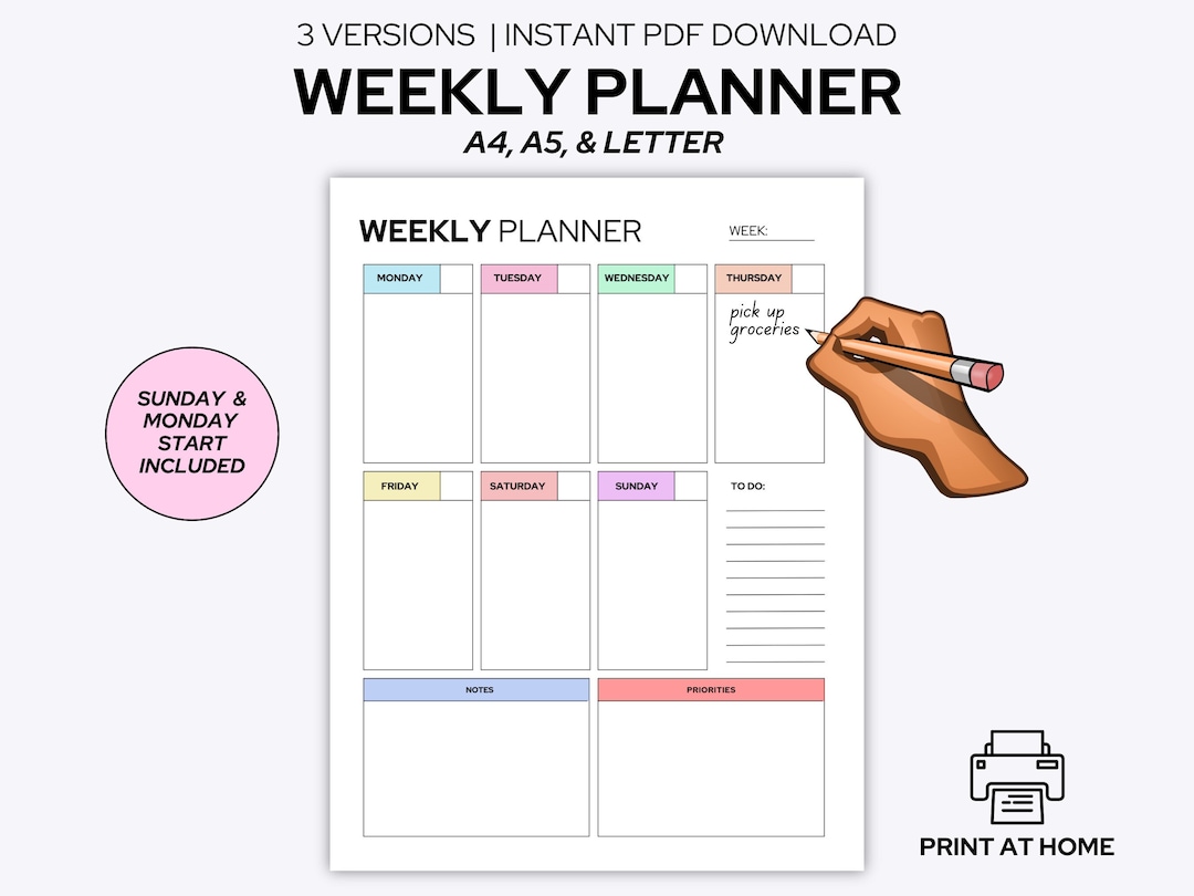 Colorful Weekly Planner | Printable PDF, to Do List, Planning, Log ...