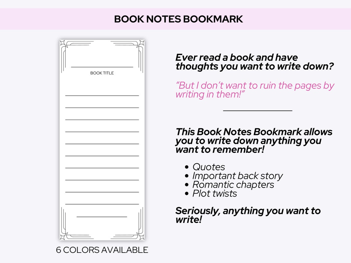 Book Notes Bookmarks | Printable PDF, Colorful Annotating Bookmark ...