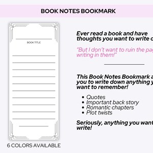 Book Notes Bookmarks | Printable PDF, Colorful Annotating Bookmark ...