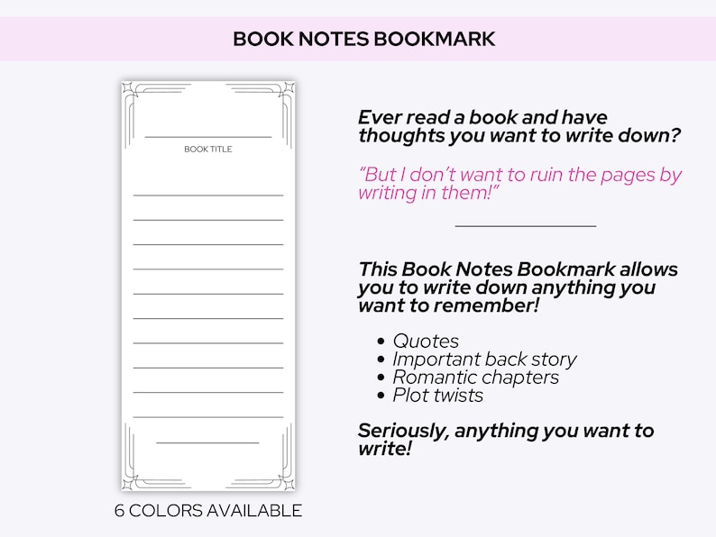 Book Notes Bookmarks | Printable PDF, Colorful Annotating Bookmark ...