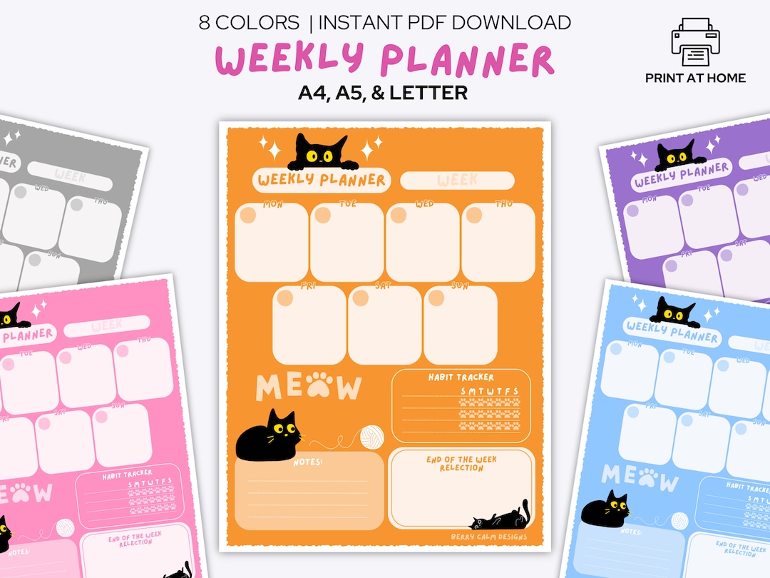 Cute Black Cat Weekly Planner | Undated Printable, Digital PDF ...