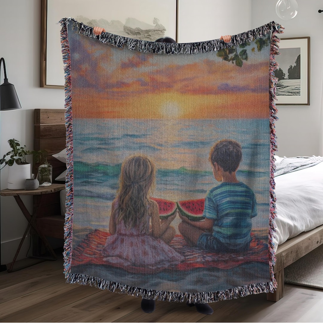 Custom Woven Cotton Blanket: Sunset Beach Design - Etsy