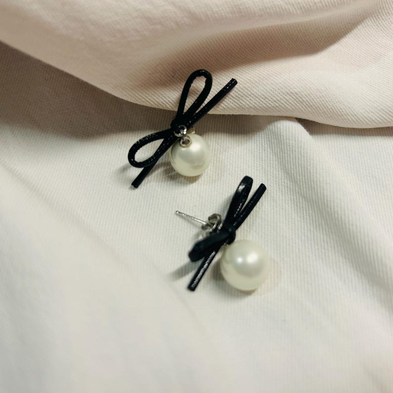 Ribbon Bow Earring With Dangling Bead Earring Gift for Her Cute Jewelry ...