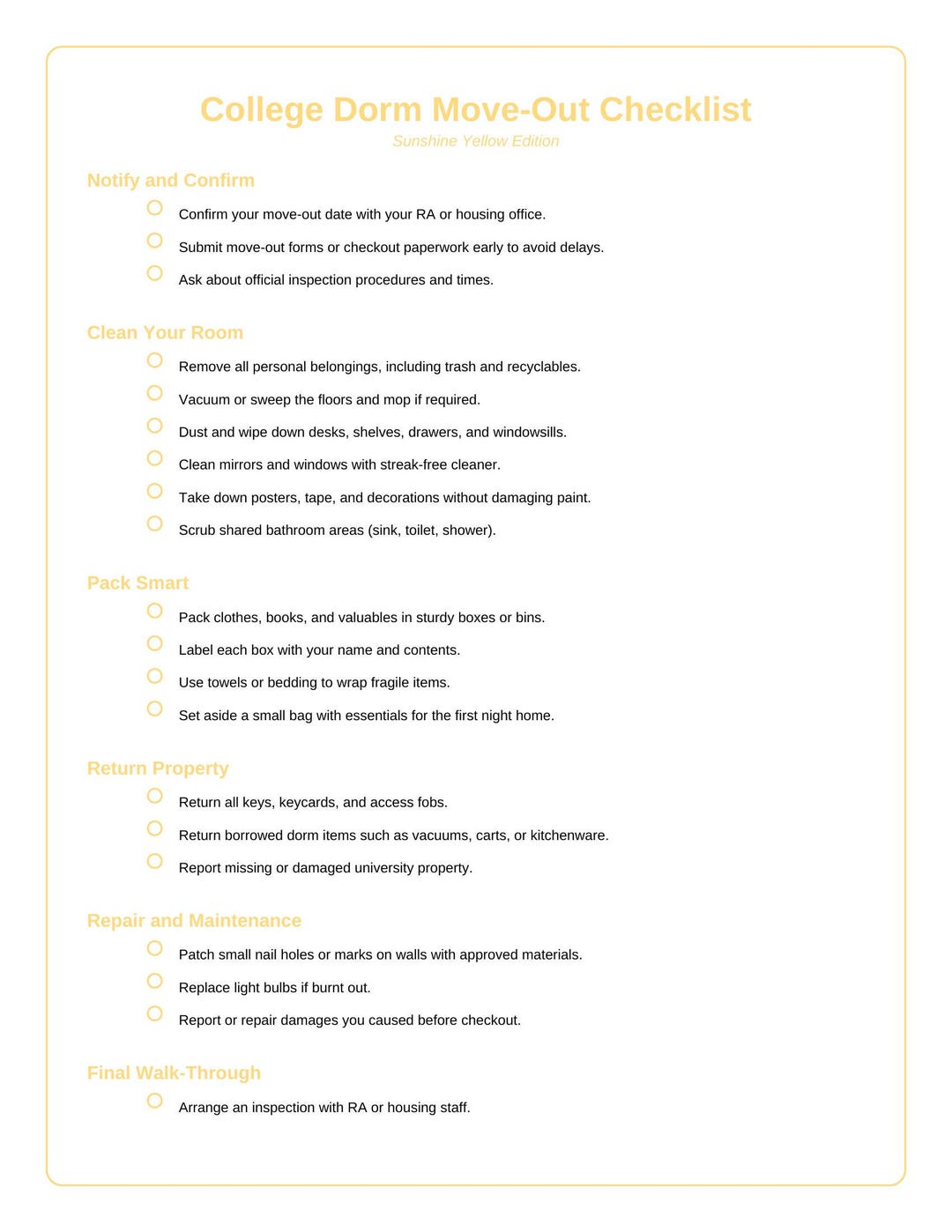 College Dorm Move Out Checklist | Sunshine Yellow Printable | Bright ...