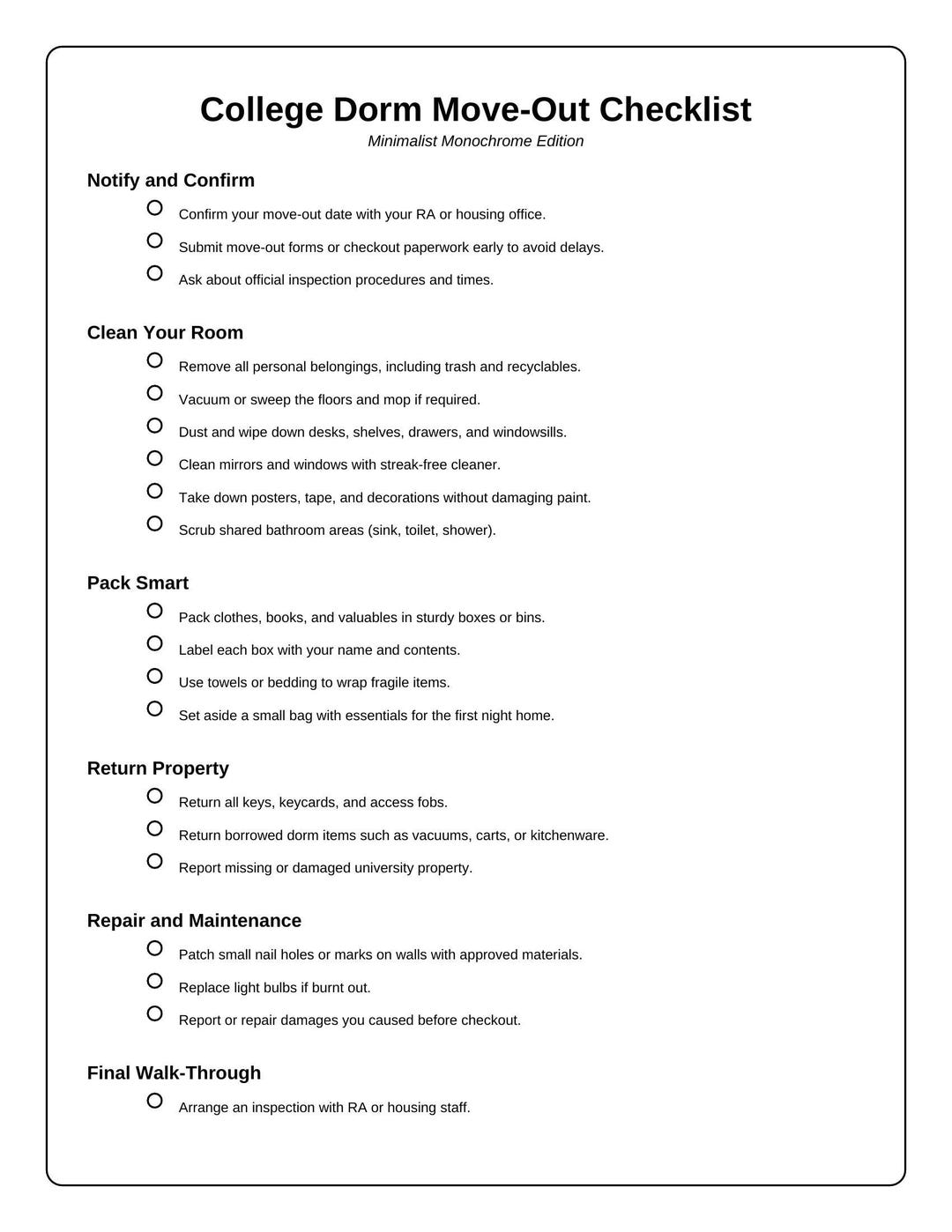 College Dorm Move Out Checklist | Minimalist Black & White Printable ...