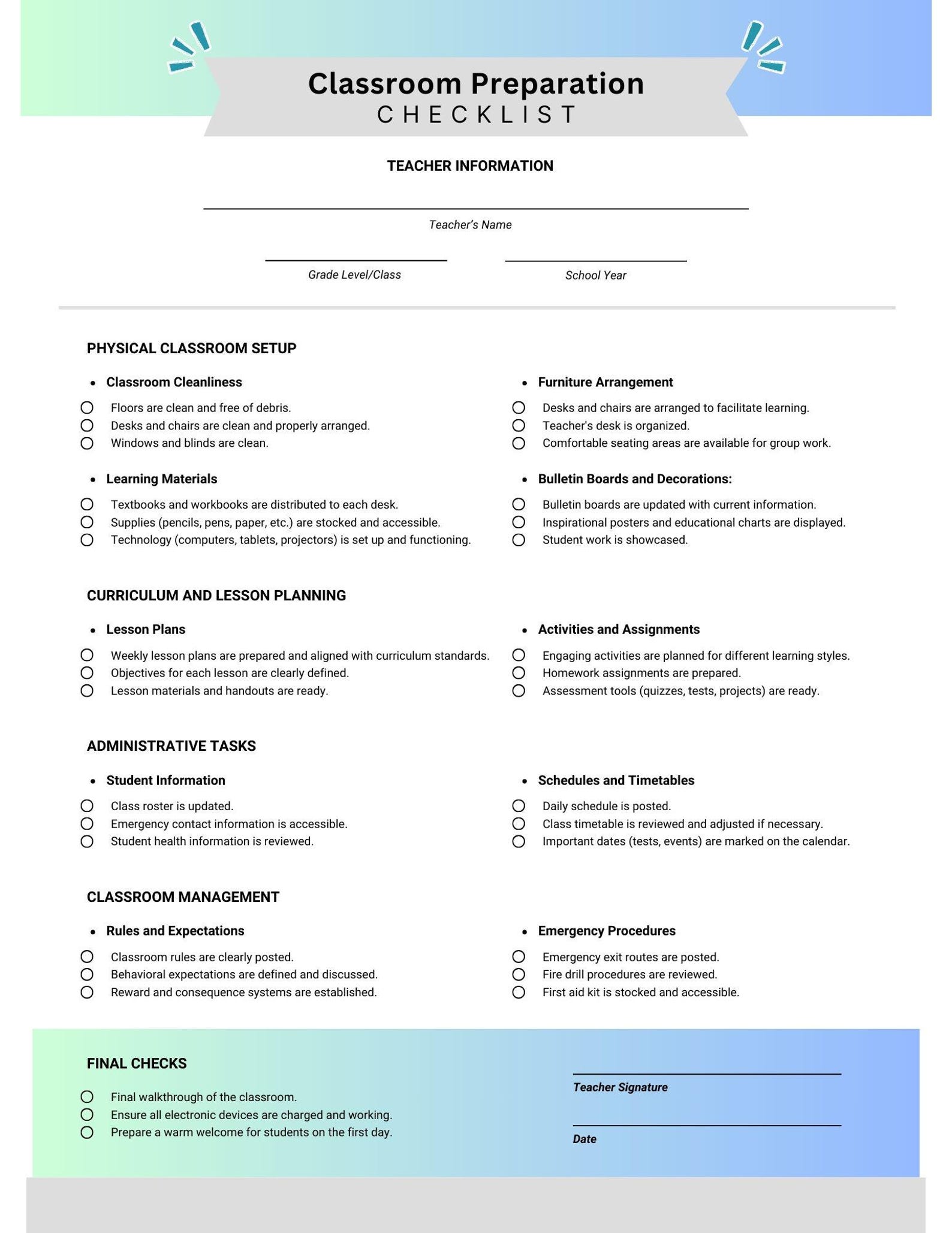 Teacher Classroom Checklist - Etsy