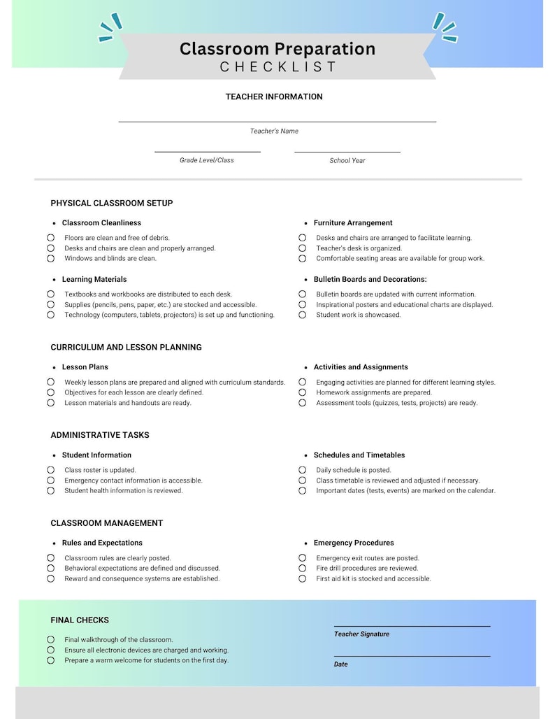 Teacher Classroom Checklist - Etsy