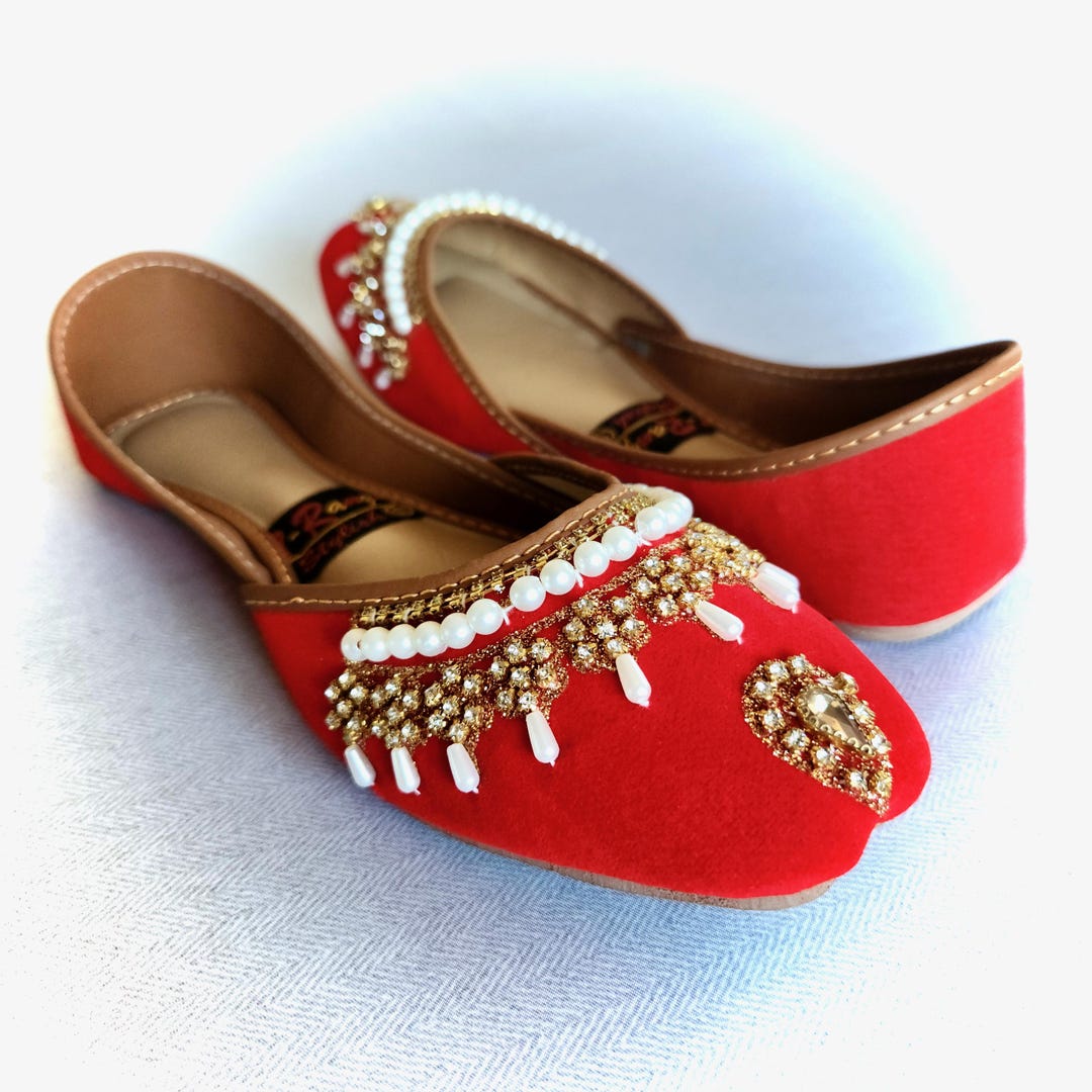 Handcrafted Red Velvet Afghan Jutti | Wedding Shoes | Vibrant Floral ...