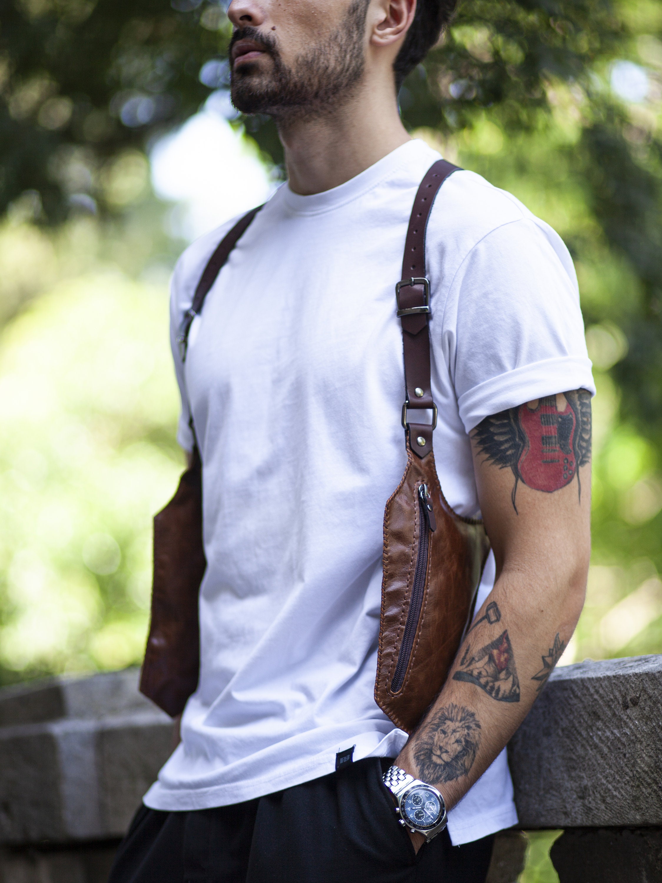 Brown Leather Shoulder Holster Bag, Festival - Travel Bag, Men's ...