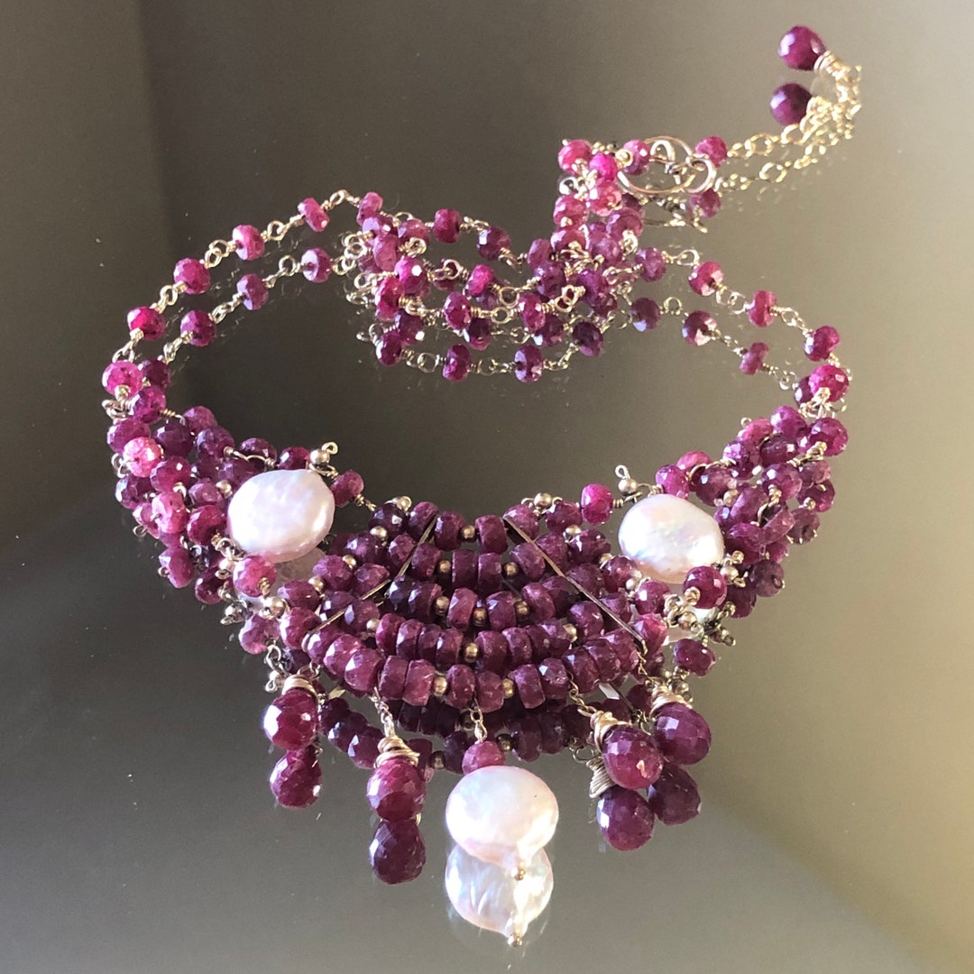 Ruby and Pearl Gold Necklace, Beaded Ruby Necklace, Red Gemstone Bridal ...
