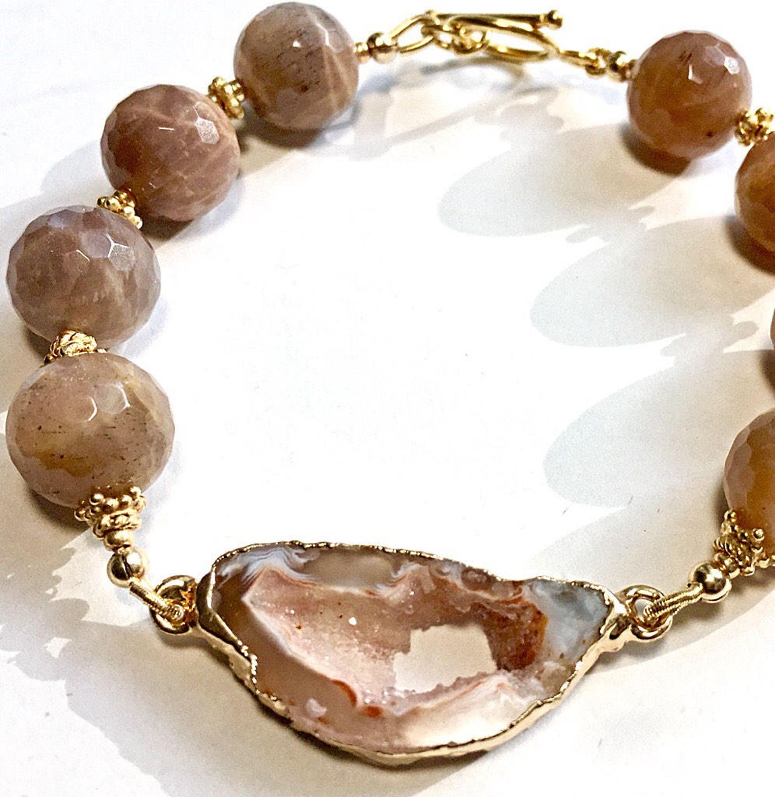 Chocolate Moonstone and Agate Druzy Bracelet Geode Slice - Etsy