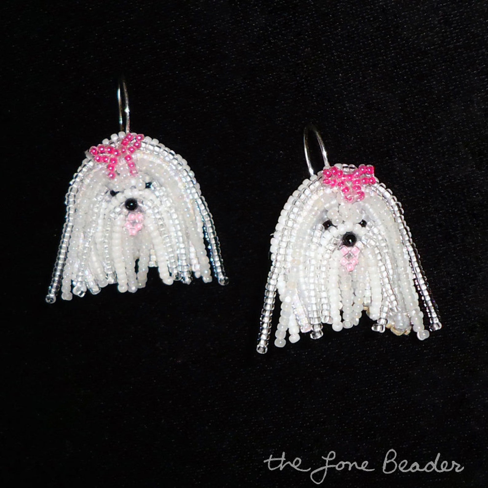 Beaded MALTESE Dangly Bead Embroidery Earrings - Sterling Silver Dog ...