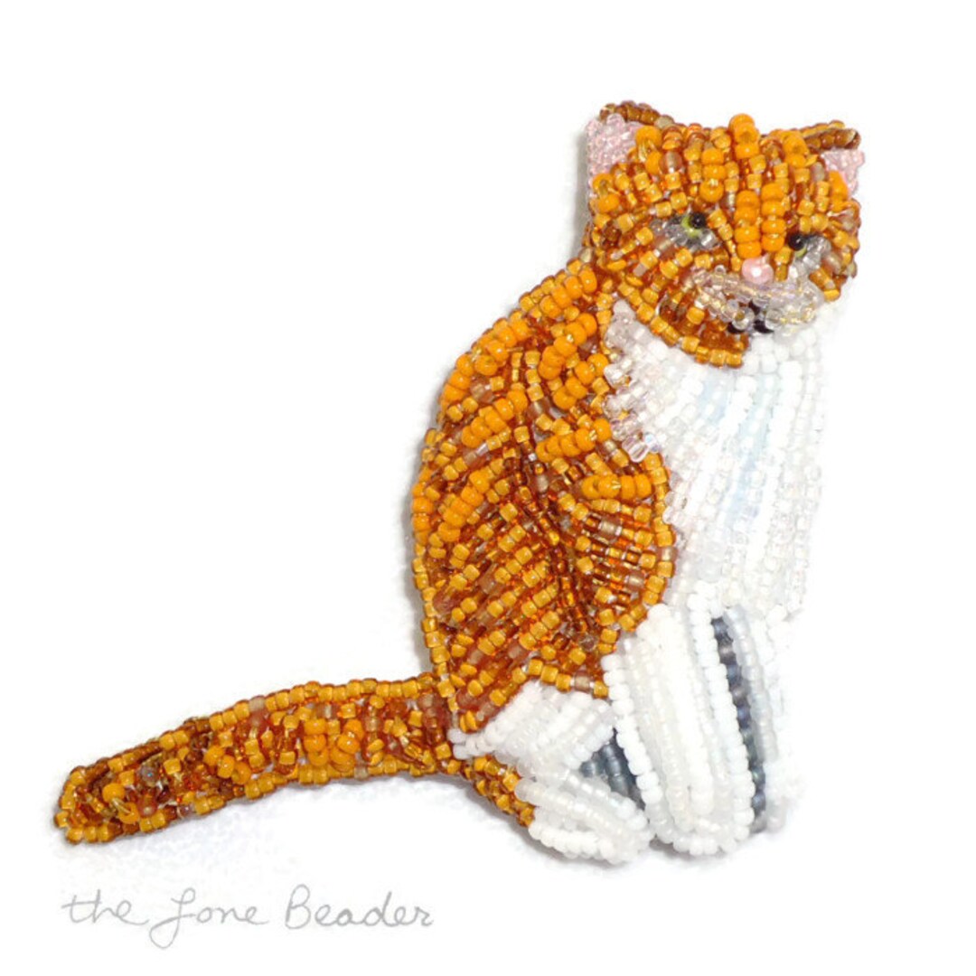 Beaded Orange GINGER CAT Bead Embroidery Keepsake Art Pin Pendant ...