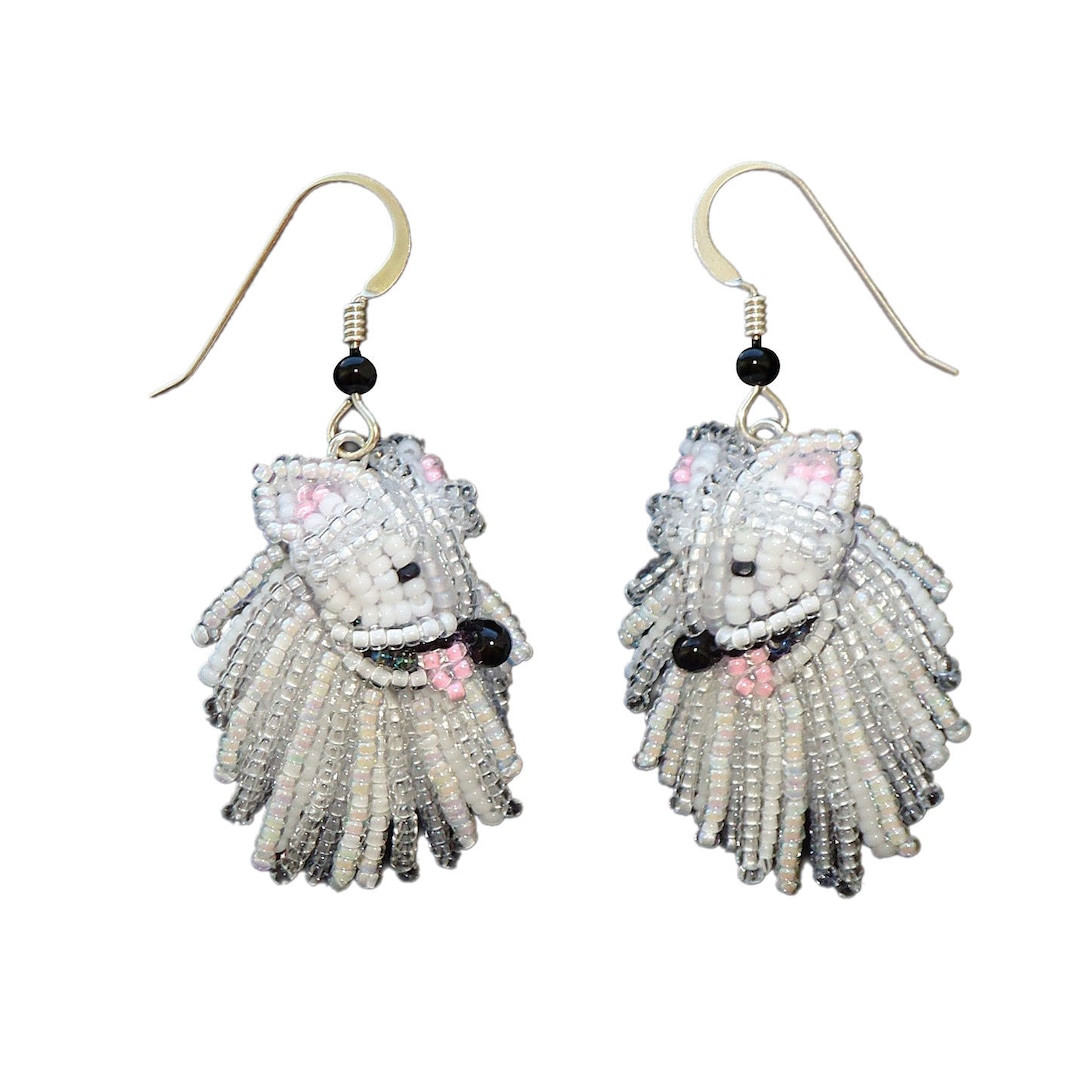 Beaded AMERICAN ESKIMO Keepsake Bead Embroidery Eskie Dog Earrings Gift ...