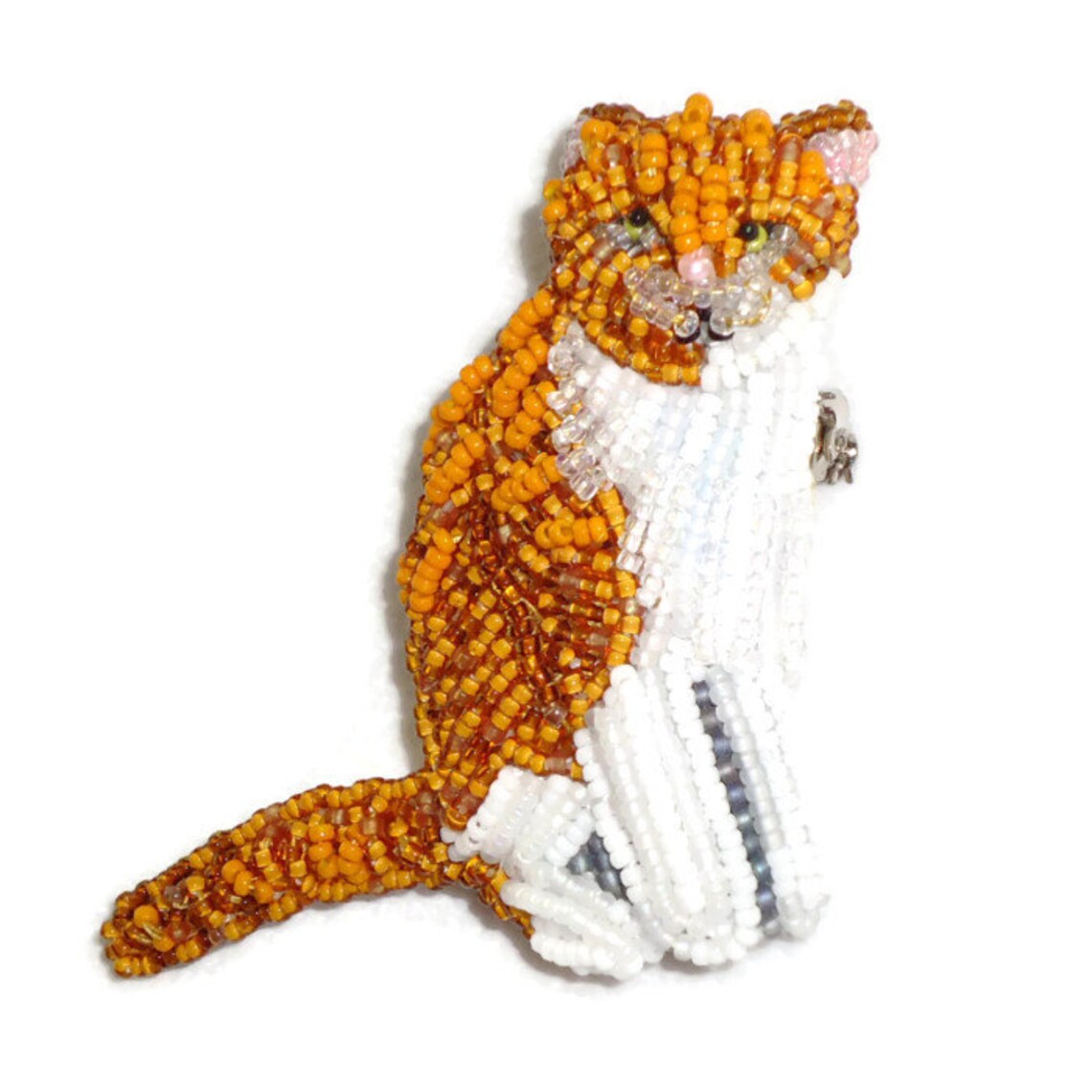 Beaded Orange GINGER CAT Bead Embroidery Keepsake Art Pin Pendant ...