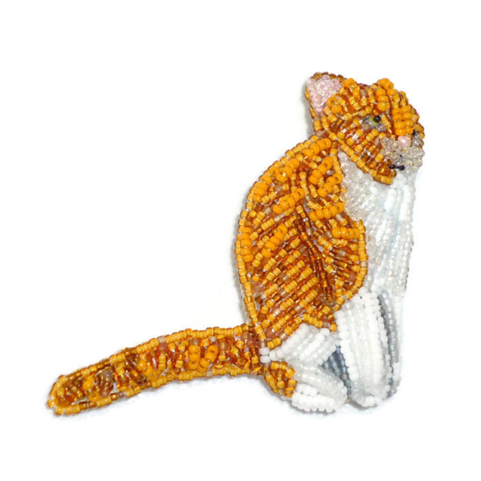 Beaded Orange GINGER CAT Bead Embroidery Keepsake Art Pin Pendant ...