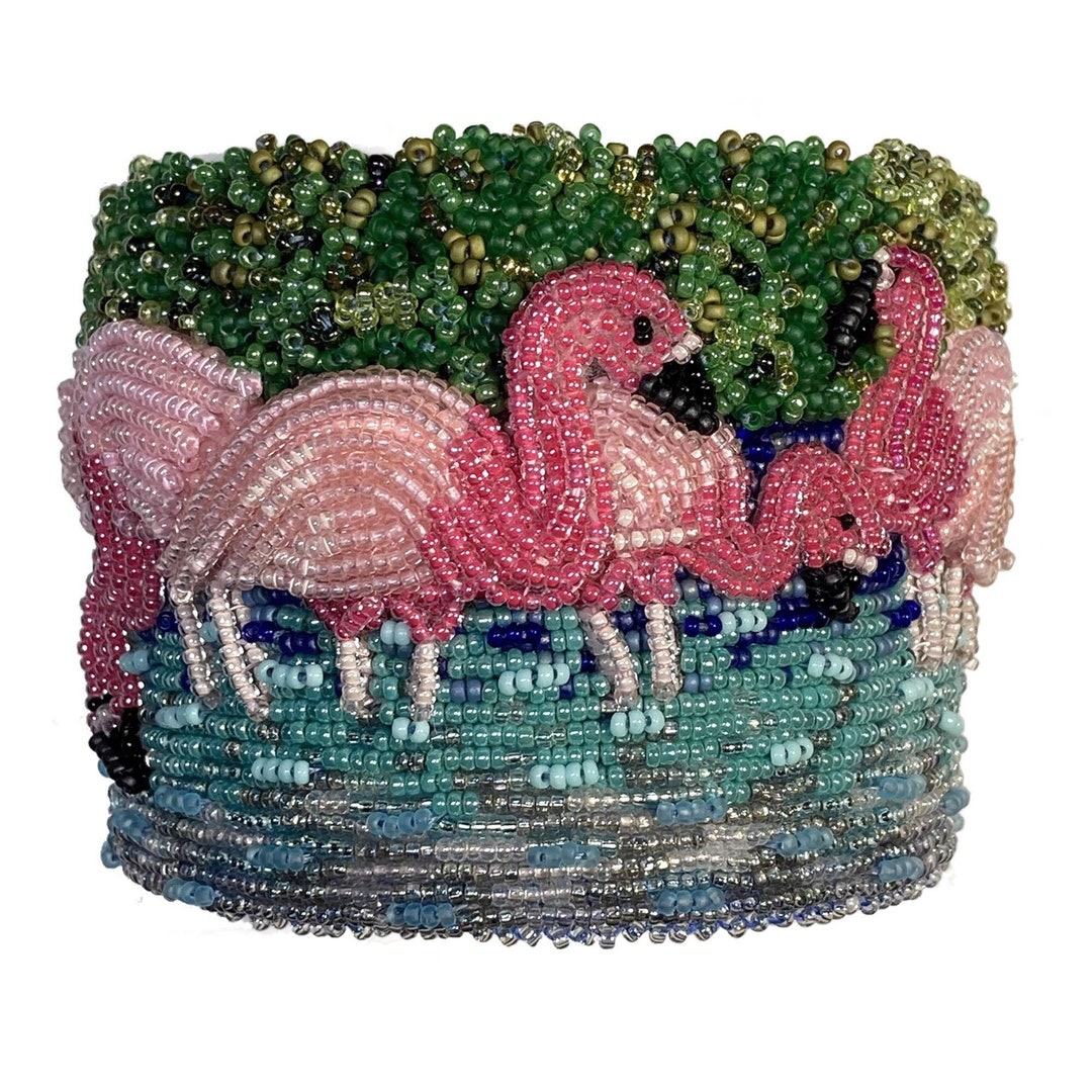 Flamingo Beaded Cuff Bracelet: OOAK Bead Embroidery Bird Jewelry - Etsy
