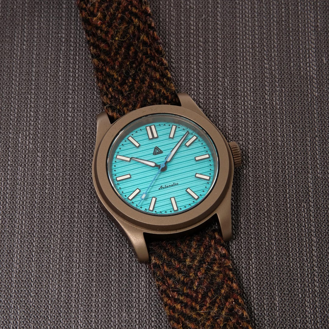 Bronze PVD 38mm Field Style Watch With Turquoise Sport Dial and Tweed ...
