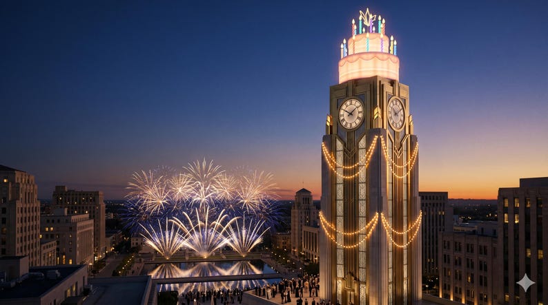 Clock Tower Birthday Card Print | Fireworks Celebration | Cake Topped ...