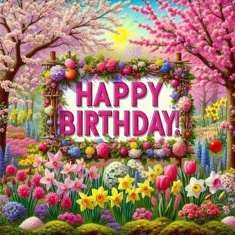 Springtime Floral Happy Birthday Art Print - Blooming Cherry Blossoms ...