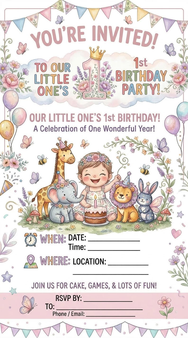 Pastel Jungle 1st Birthday Party Invitation – Wild One Girl's 1st ...