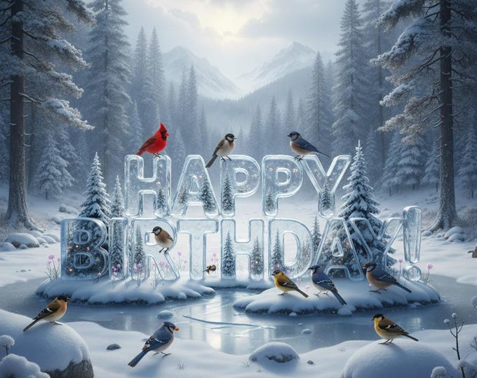 Winter Birds Happy Birthday Print | Snowy Forest Scene (digital ...