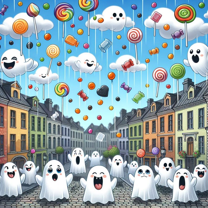 Raining Candy in Ghost Town Cute Halloween Street Colorful Happy Bright ...
