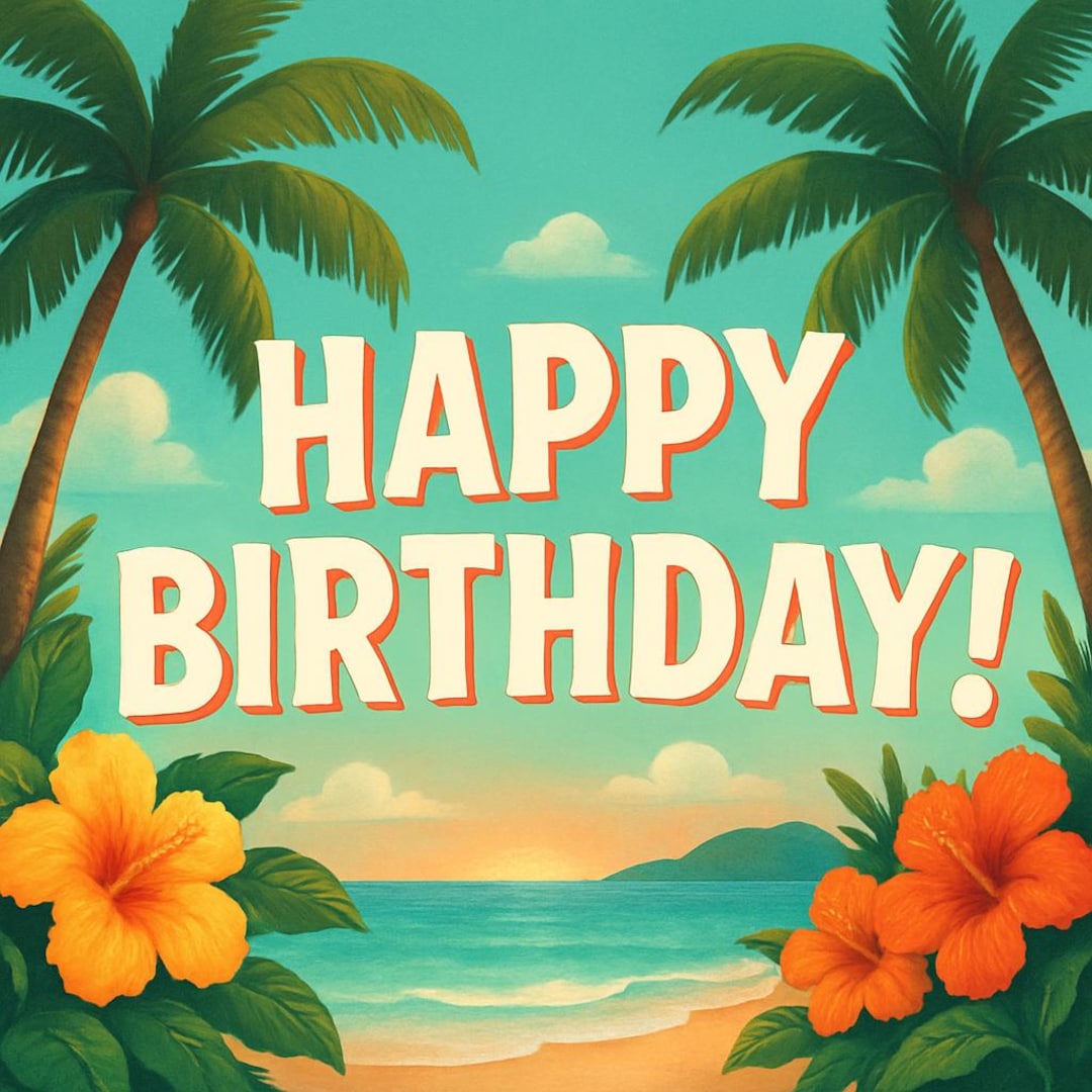 Tropical Beach Birthday Card Print, Vintage Tropical Printable Decor ...