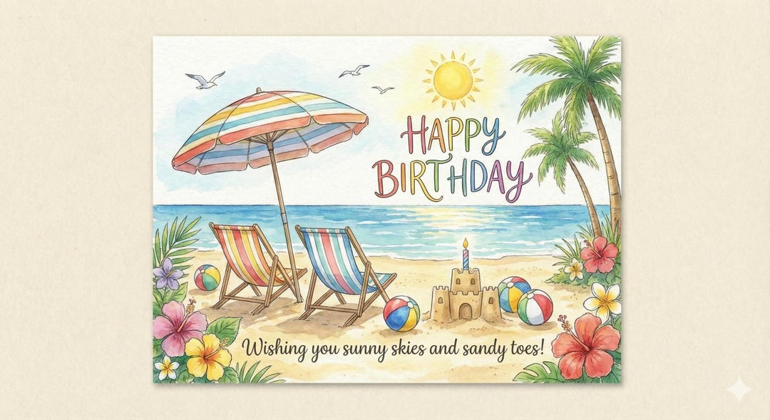 Tropical Beach Birthday Card, Watercolor Ocean Scene, Sunny Skies ...