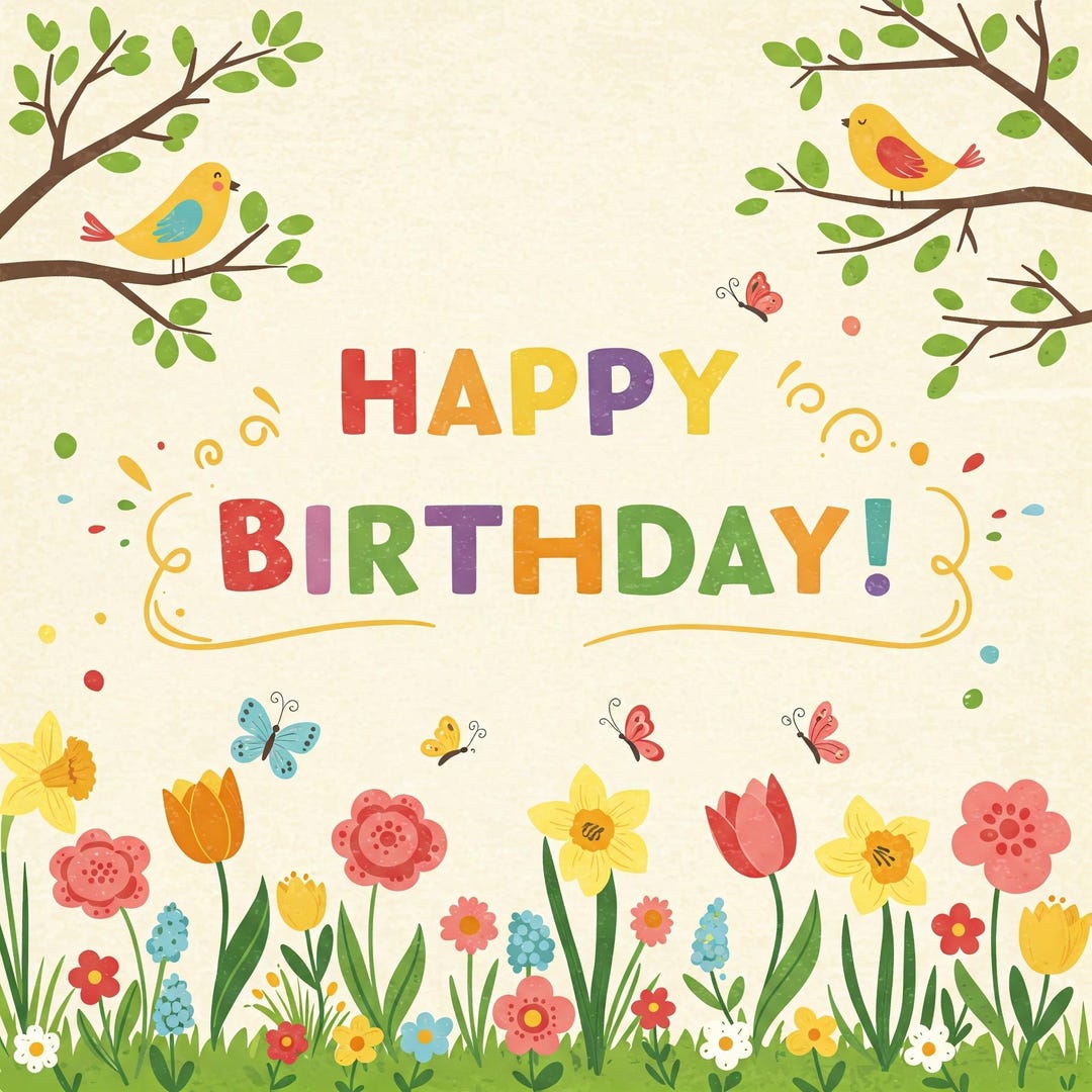Happy Birthday Digital Print - Colorful Floral Illustration With Birds ...