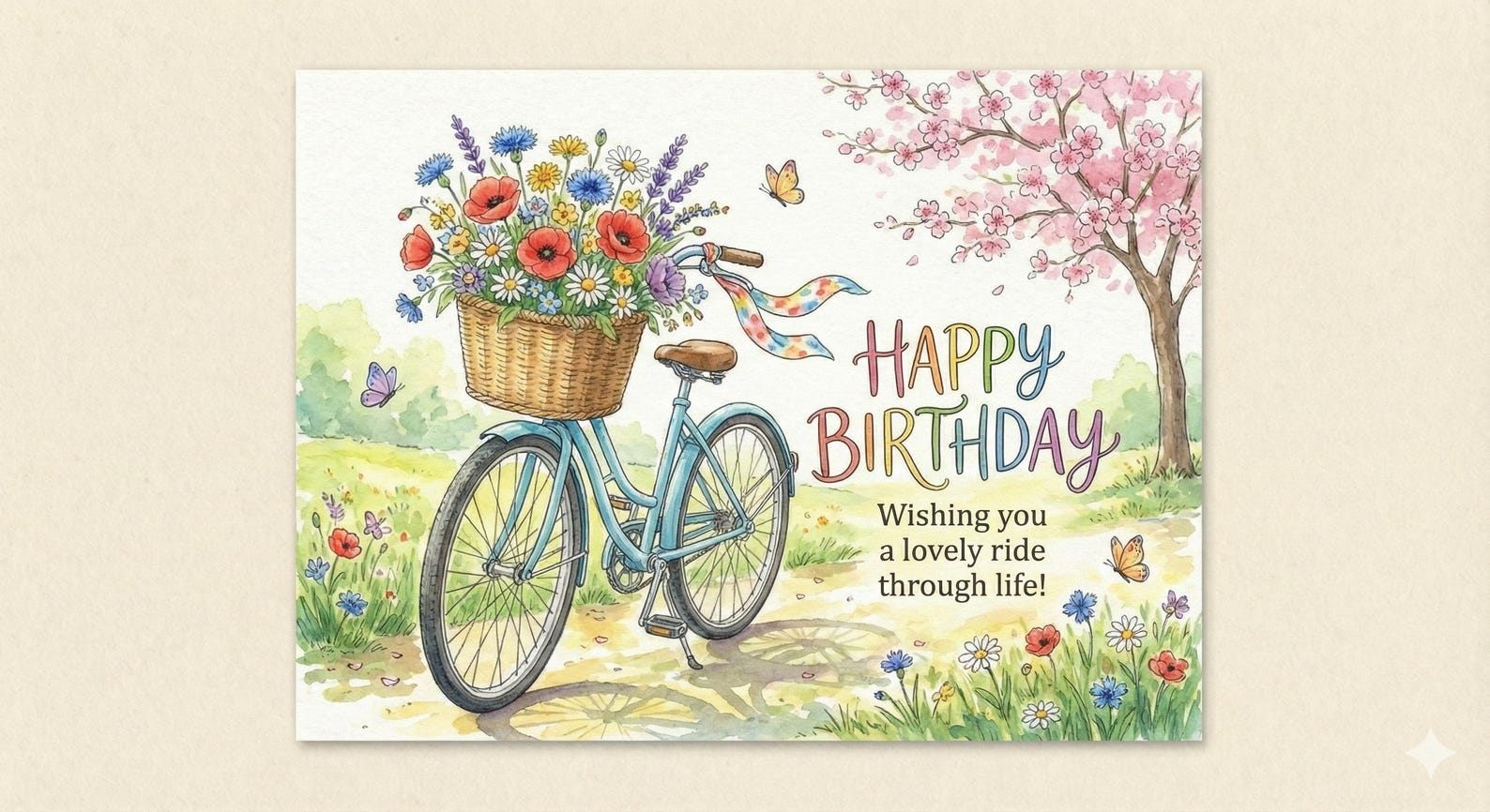 Floral Bicycle Happy Birthday Card, Printable Decor (digital Download ...