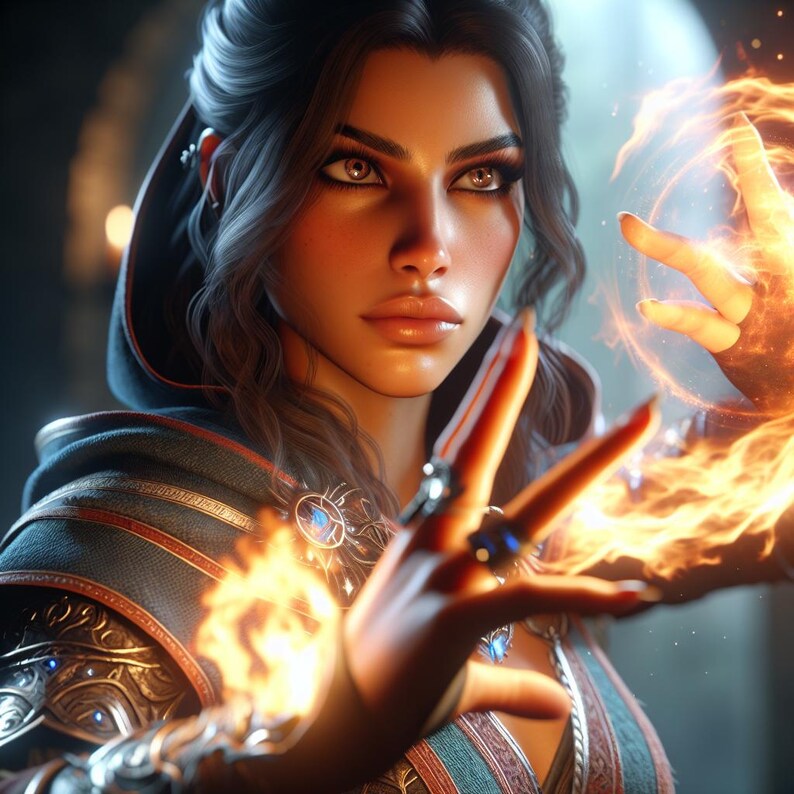 The Fire Mage Goddess Sorceress of Flames Beautiful Dark Hair Woman ...