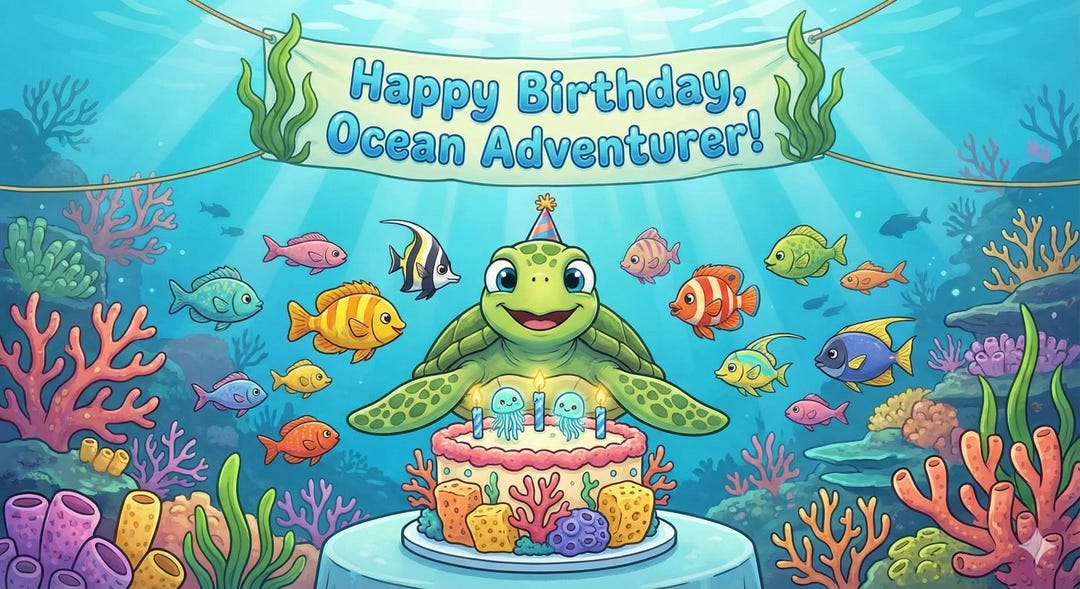 Ocean Birthday Card for Kids, Sea Turtle Adventurer, (digital Download ...