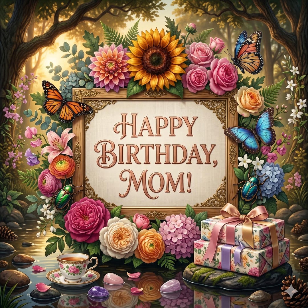 Happy Birthday Mom Botanical Card Print | Vintage Butterfly Floral ...