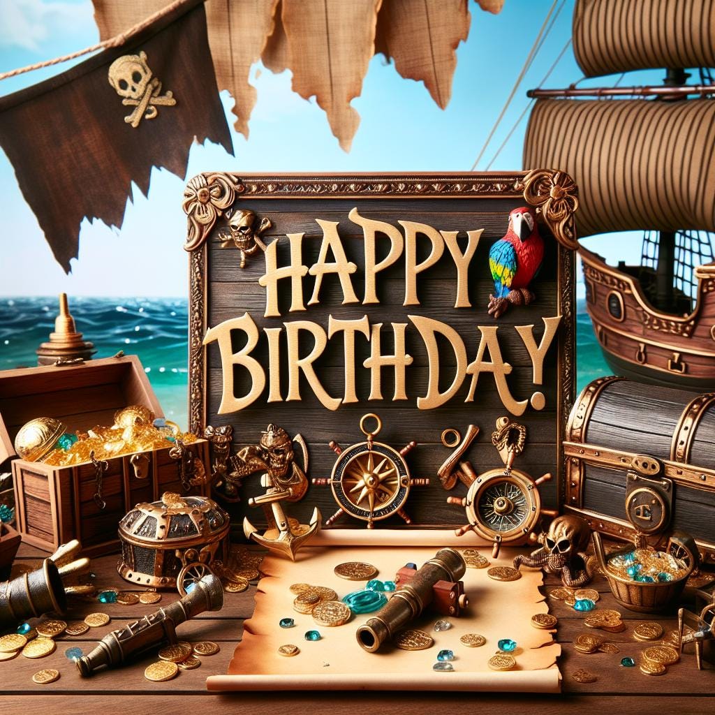 Pirate Happy Birthday Digital Poster - Adventure, Ship, Gold Coins ...